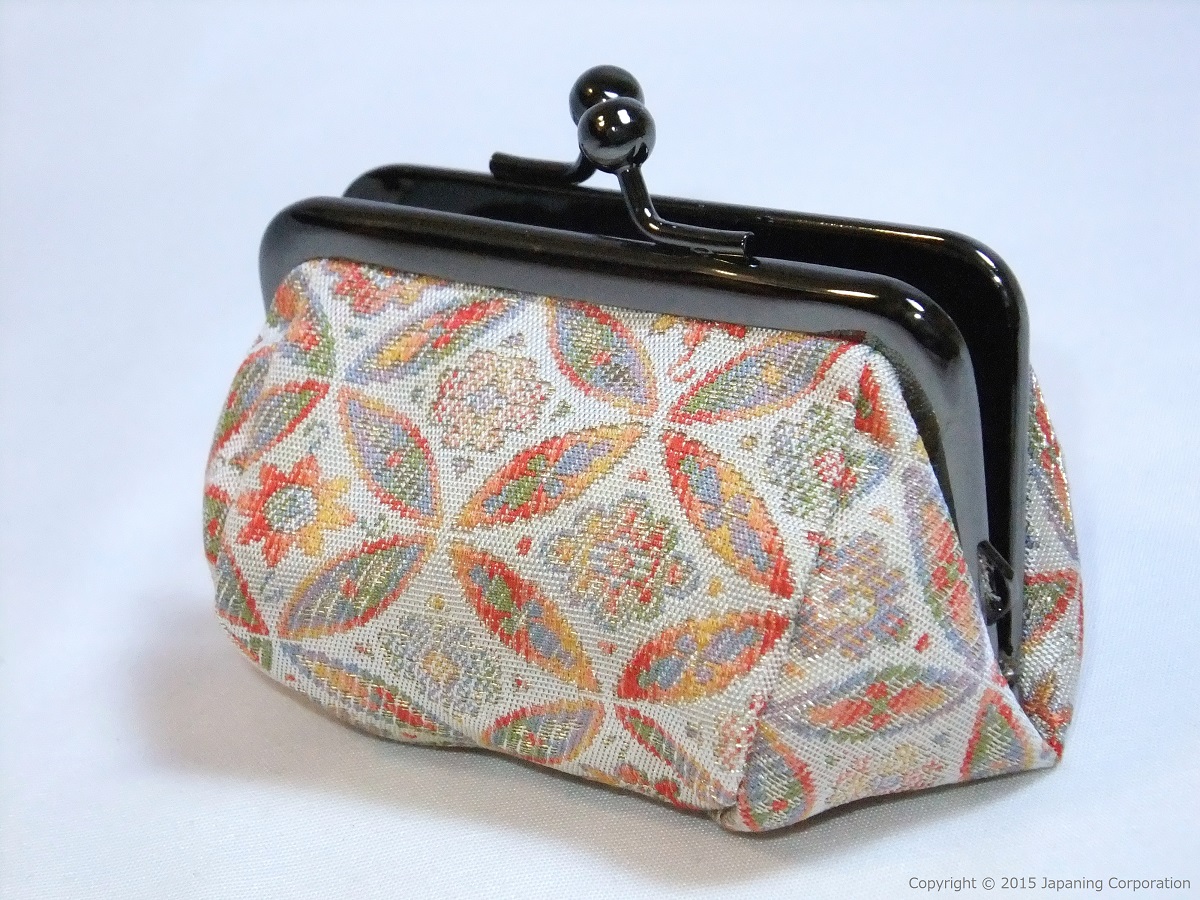 Nishijin-ori Silk-made small Gamaguchi Wallet (Ellipse, Beige, Mandarin ...