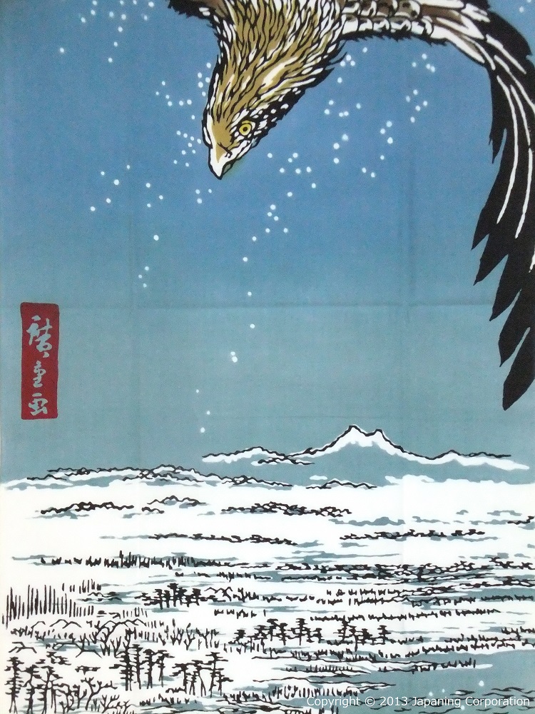 Ukiyo-e (Hawk over winter sky) tenugui | Japanese Handmade Crafts Shop ...